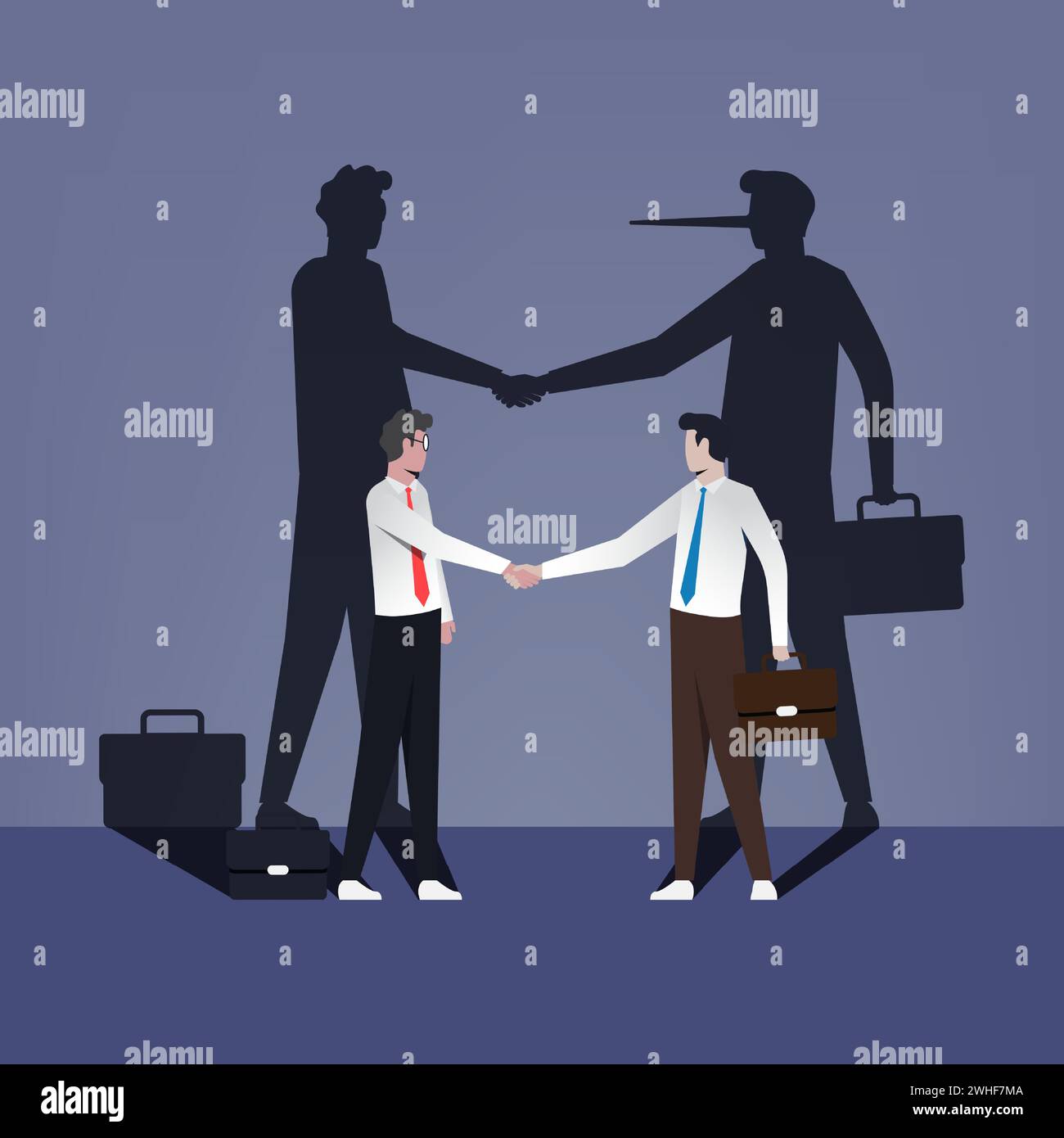 Fraud agreement, dishonest businessman with long nose shadow symbol ...