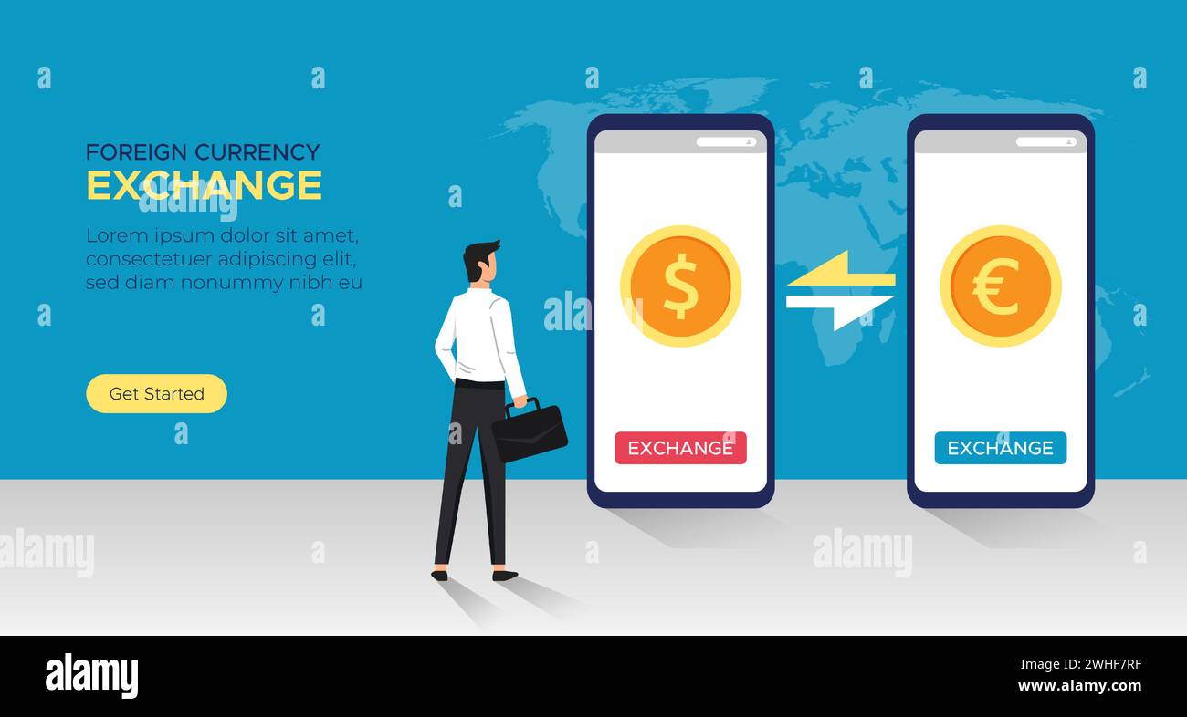 Foreign currency exchange service concept. Money exchange system online on smartphone app vector ...