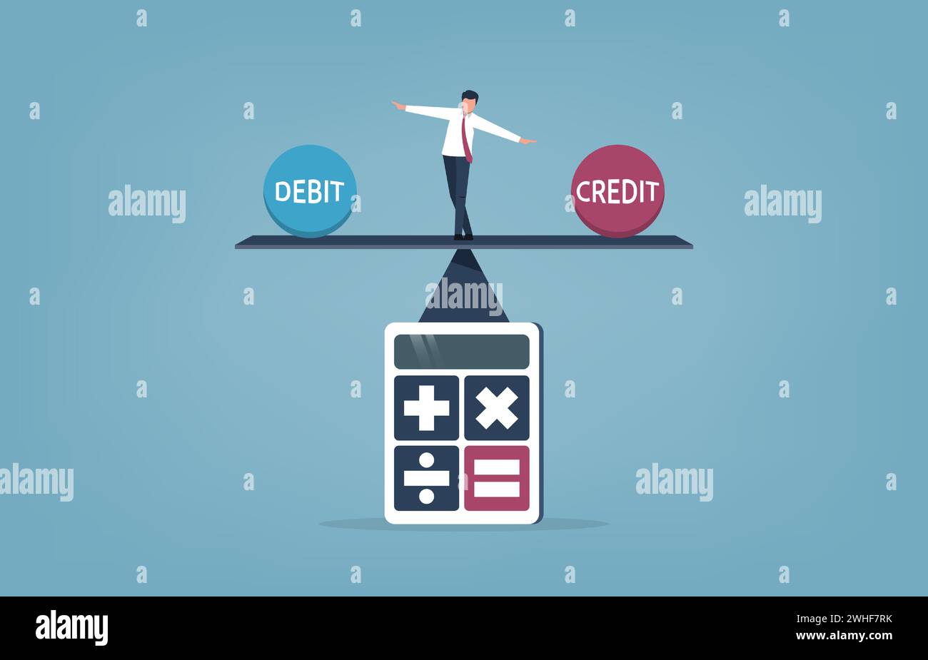 Businessman keeping balance between debit and credit on the seesaw ...