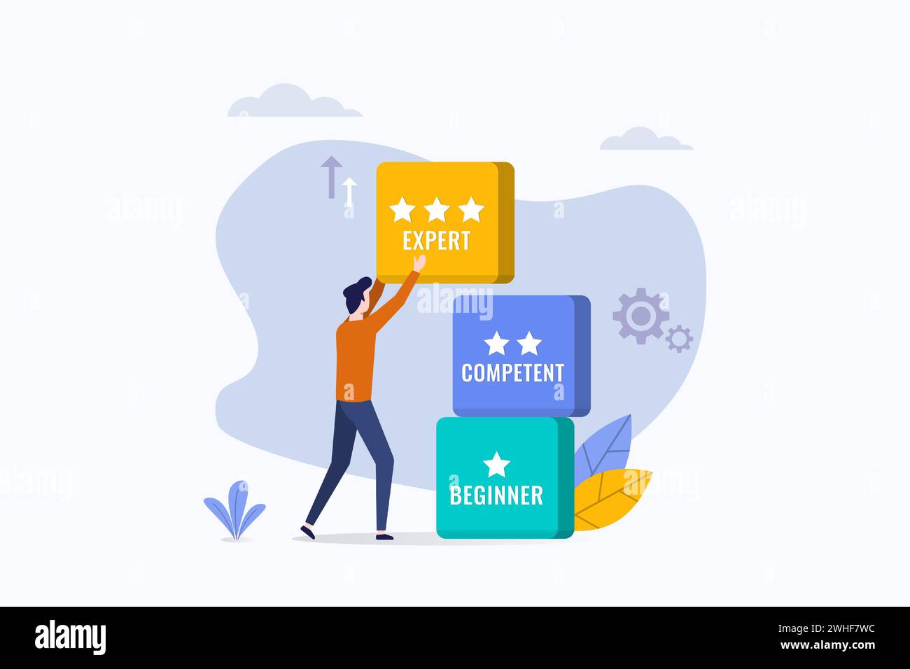 Enhancing skill concept, a man moving block of skills symbol, personal ... Enhancing skill concept, a man moving block of skills symbol, personal ...