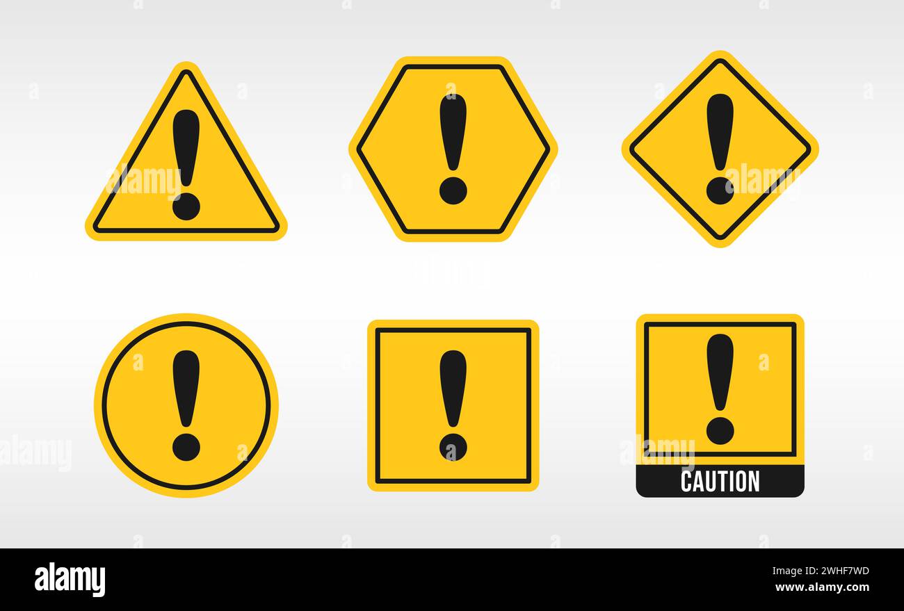 Set of yellow exclamation mark icons. caution sign in various shape ...