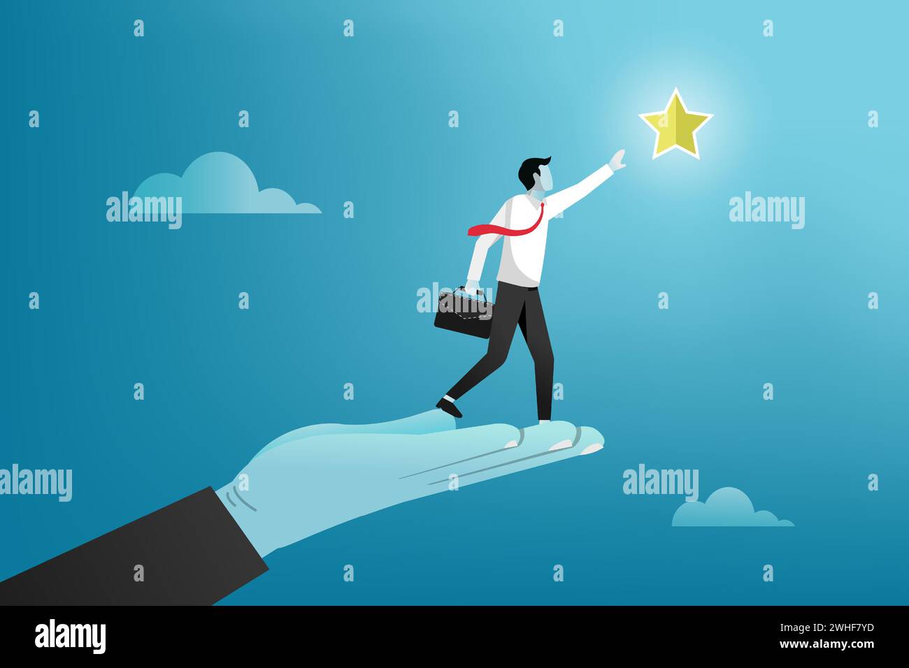 Giant hand lift up businessman employee to overcome obstacle reaching ...