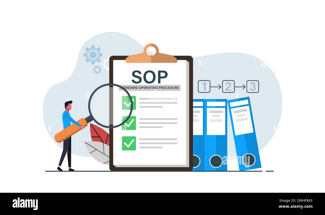 Standard Operating Procedure or SOP, employee is checking written ...