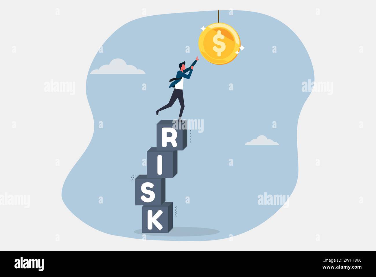 High risk high return concept, businessman stand on stacks of risk ...
