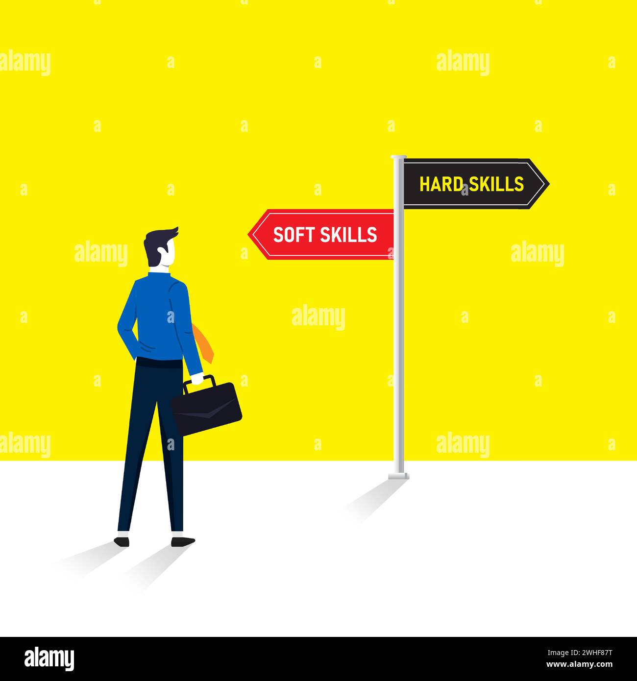 Businessman infront of road signs indicating hard skills and soft ...