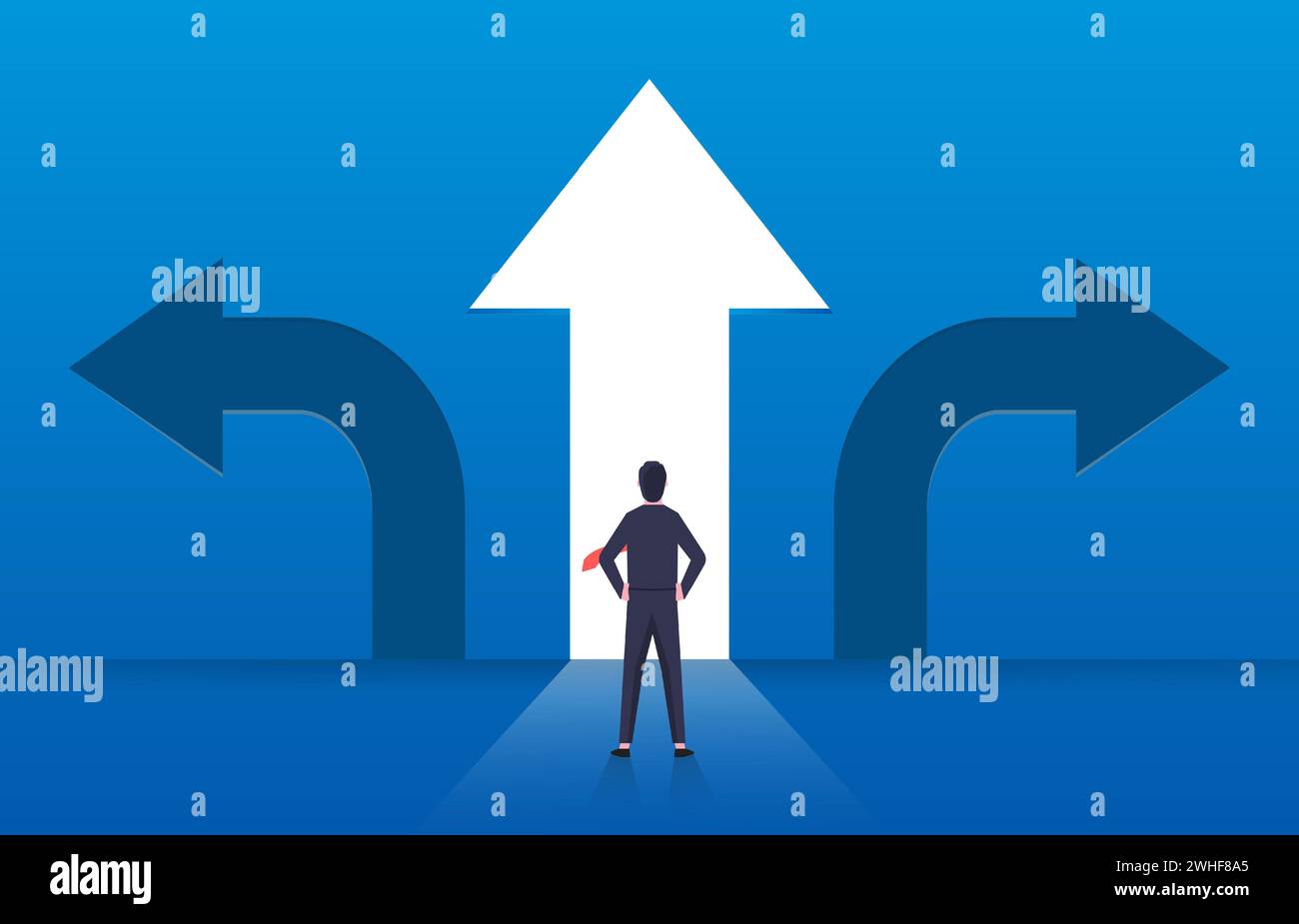 Choice and decision, businessman standing with arrows in three different directions, pathway ...