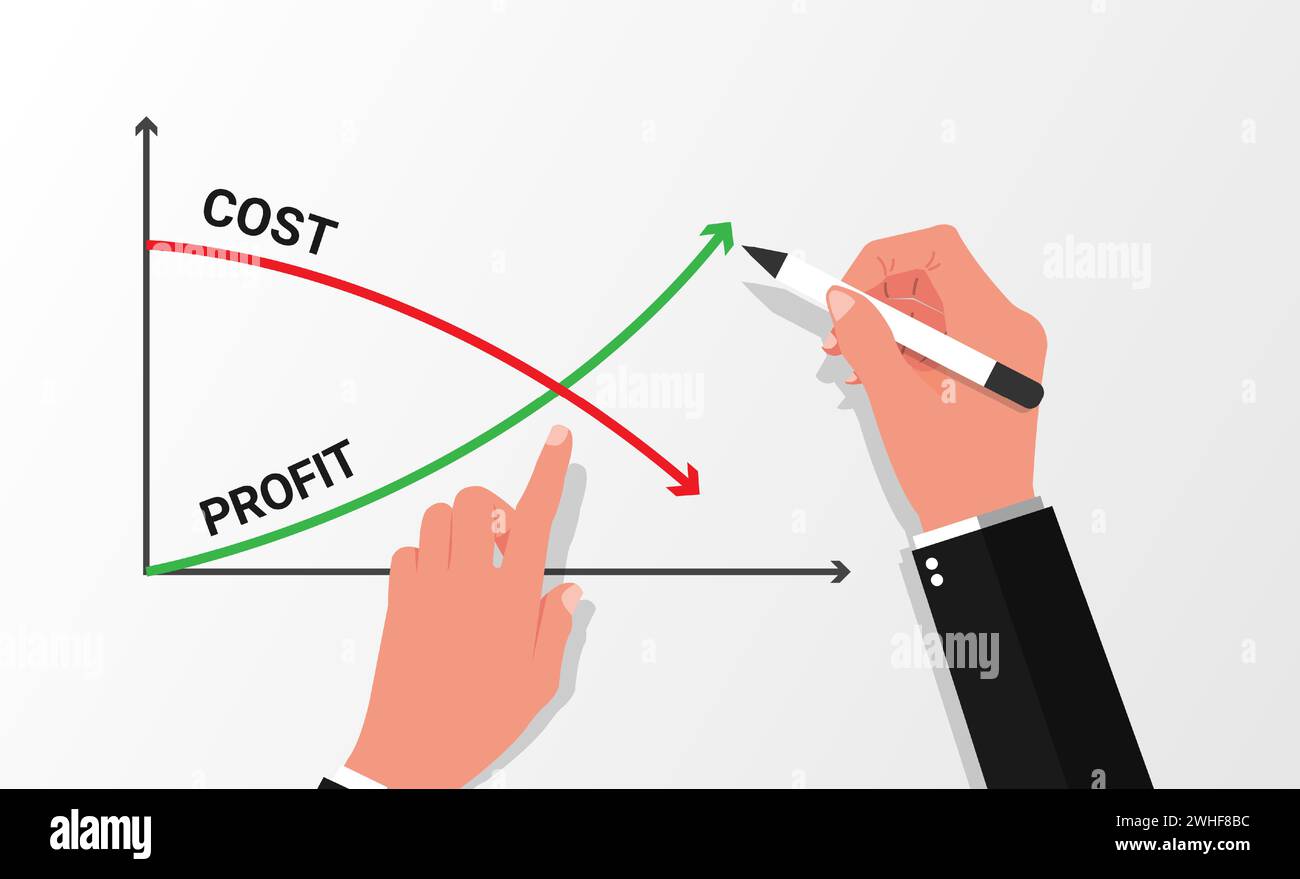 Business hand drawing graphs profit growth vs cost reduction vector ...