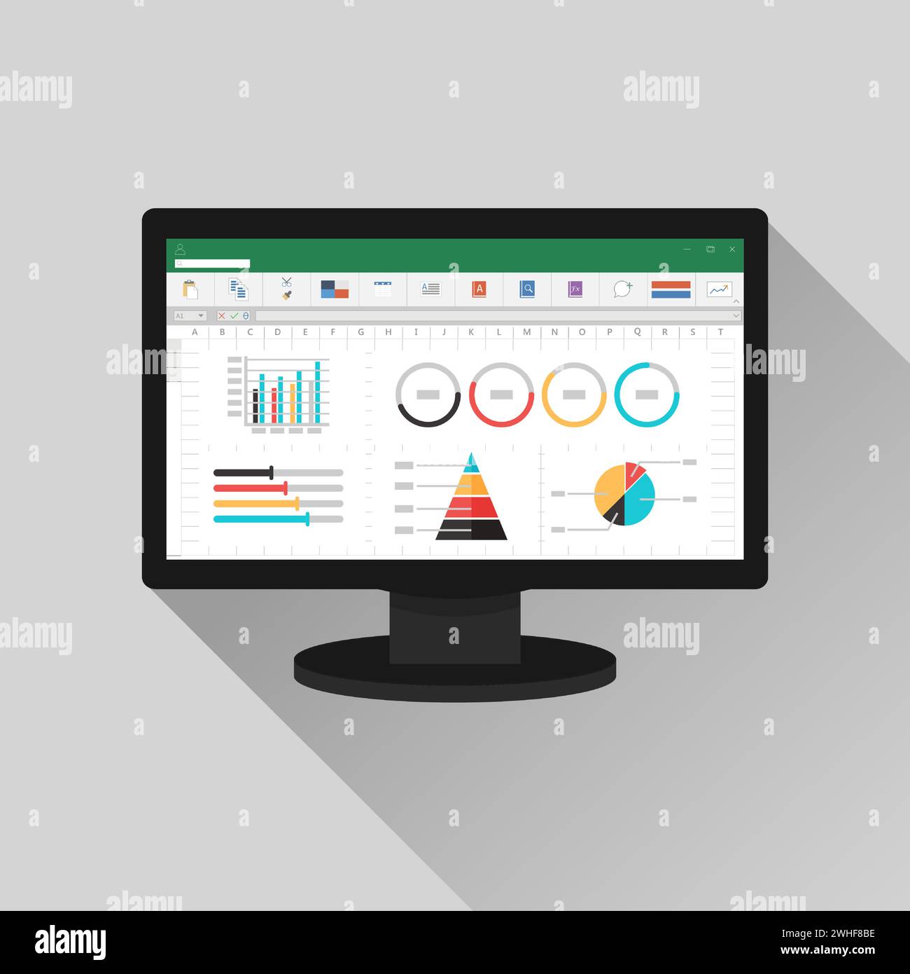 Spreadsheet on Computer screen flat icon. Financial accounting report ...