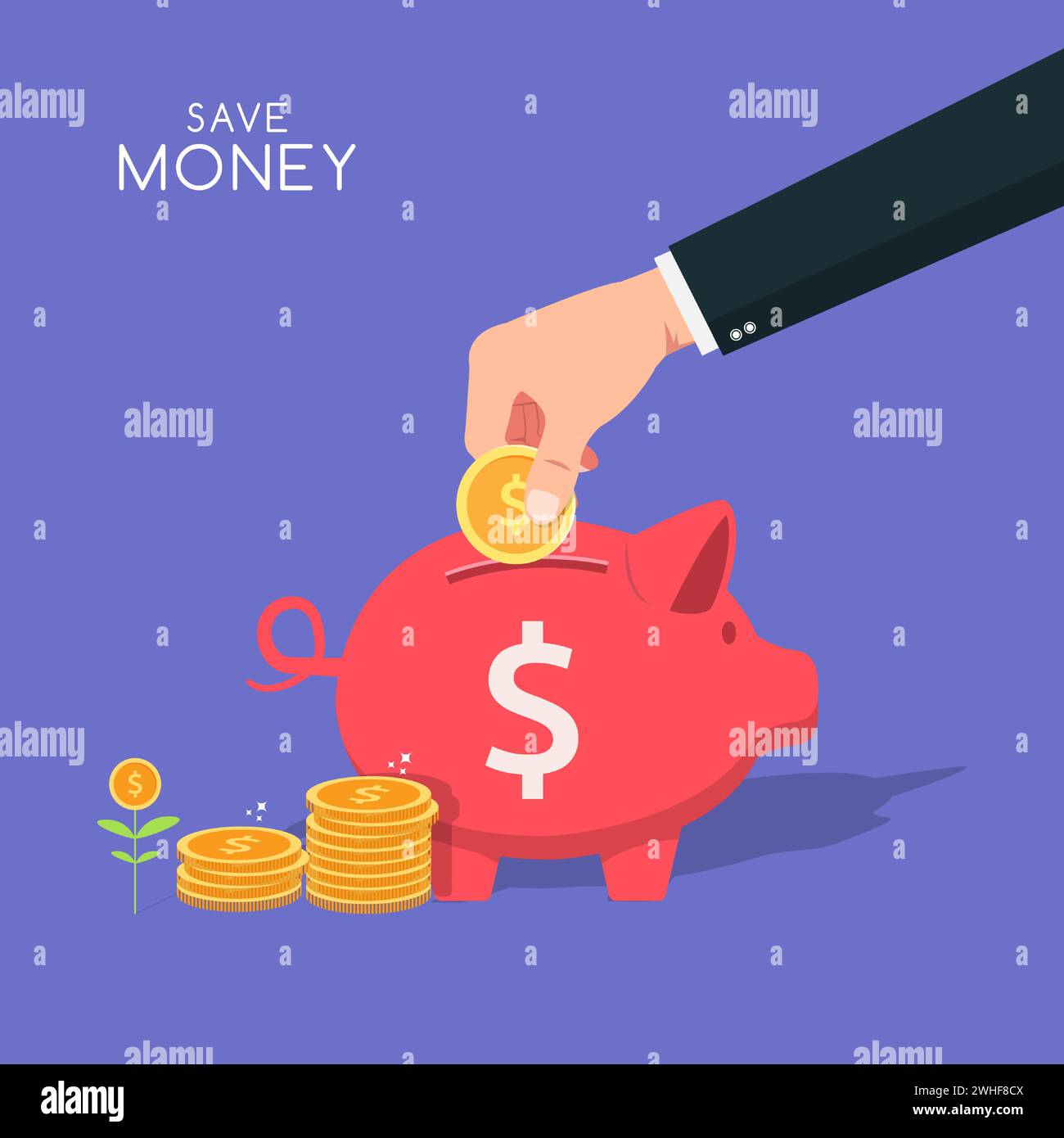Hand put coin into piggy bank vector illustration. Saving money symbol ...