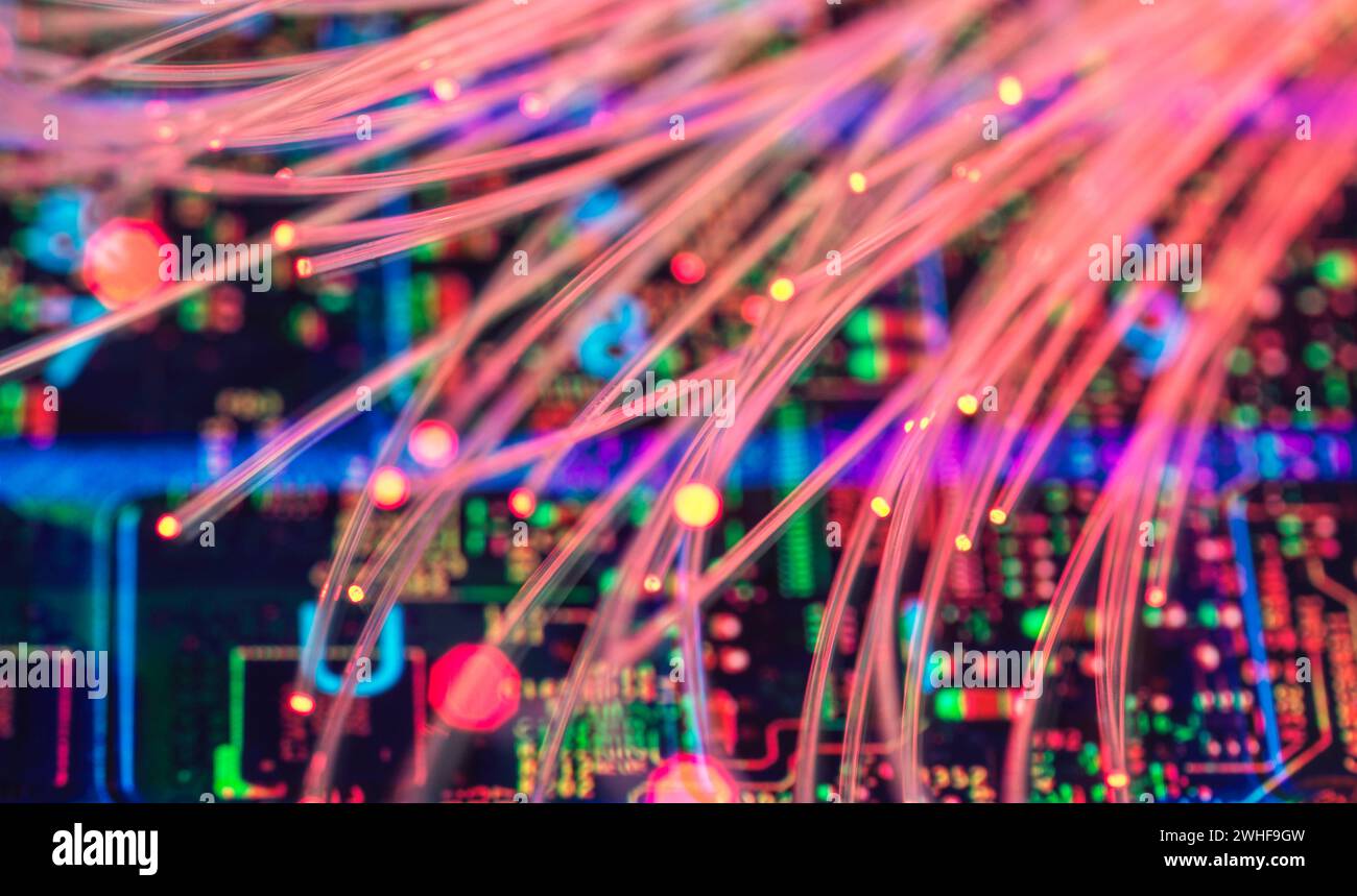 Bundle of optical fibres carrying data through the internet with the ...