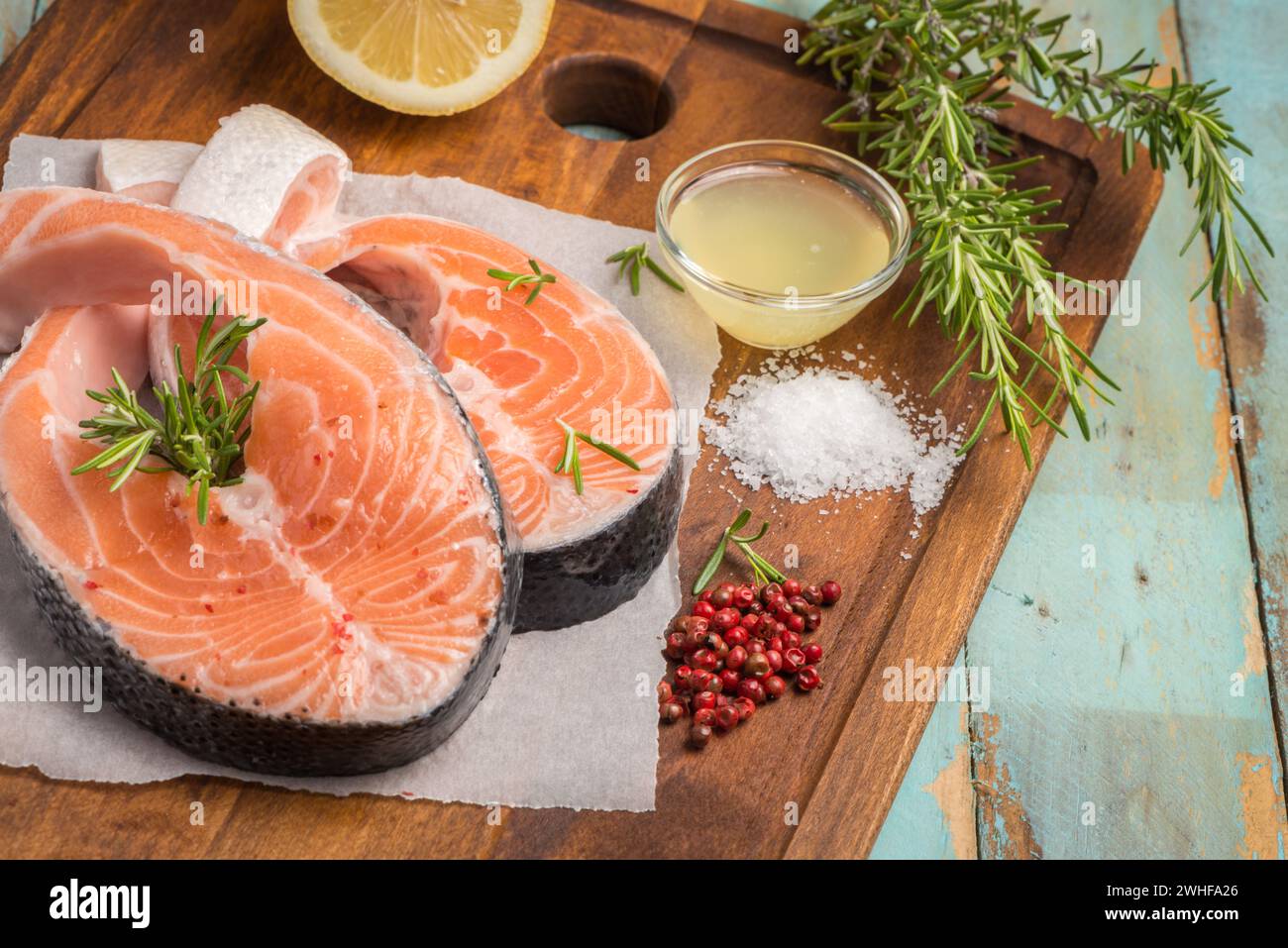 Raw salmon steak Stock Photo - Alamy