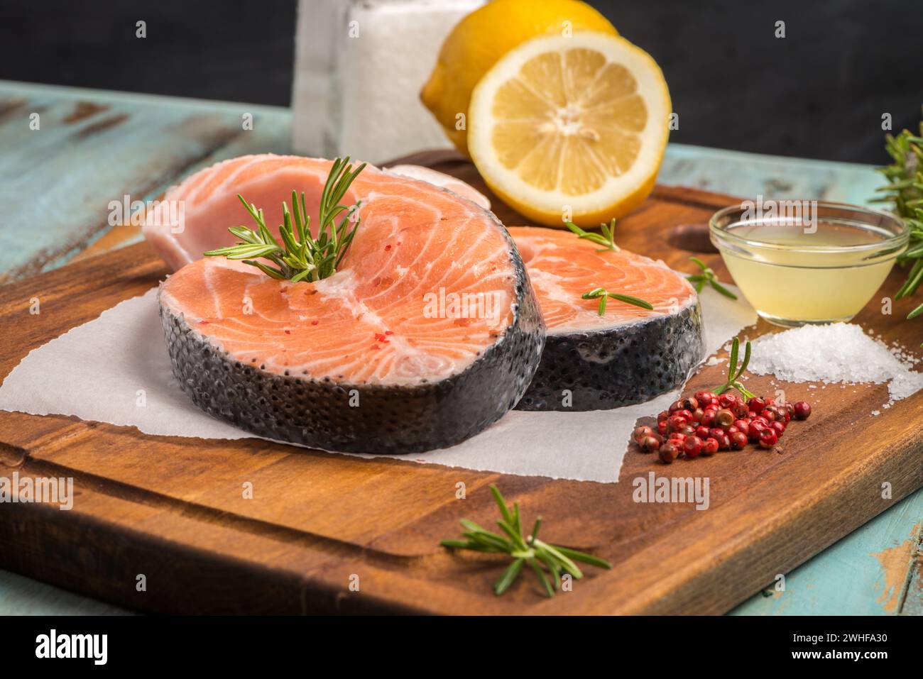 Raw salmon steak Stock Photo - Alamy