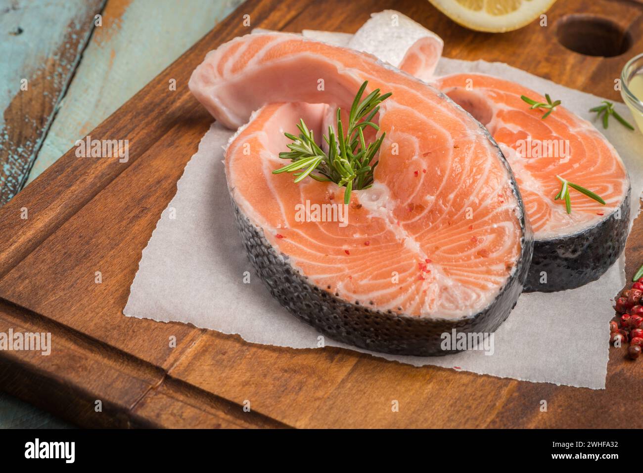Raw salmon steak Stock Photo - Alamy