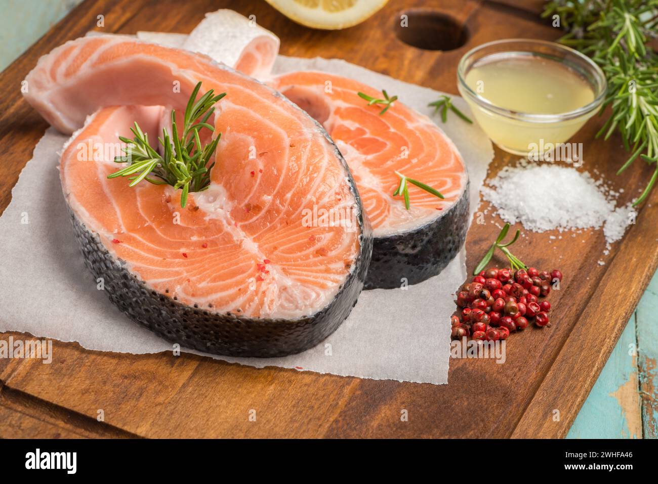 Raw salmon steak Stock Photo - Alamy