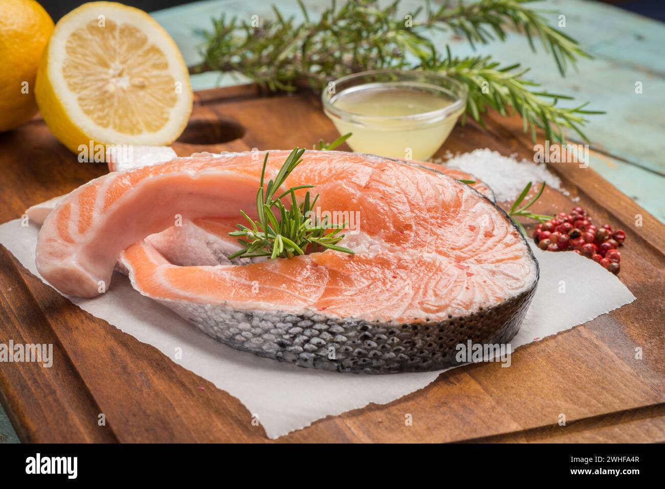 Raw salmon steak Stock Photo - Alamy