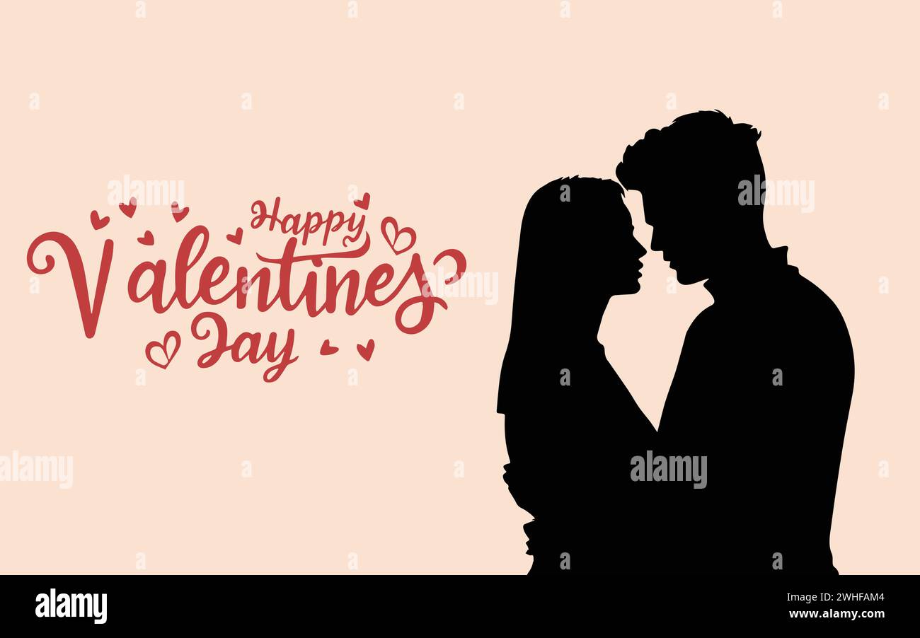 Silhouette of couple man and woman, Happy Valentines Day lettering ...