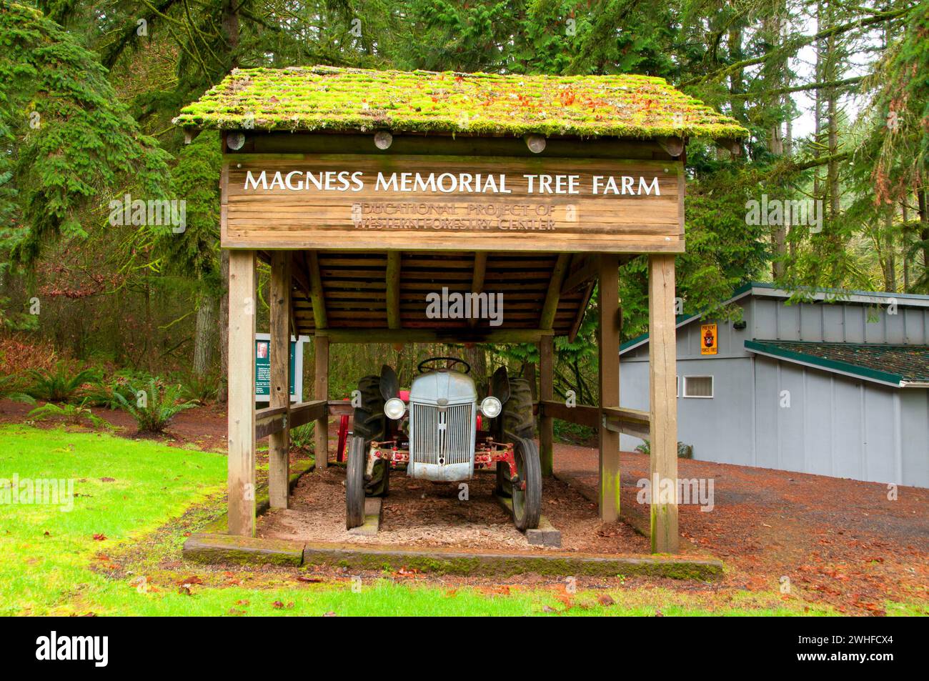 Farm display shelter with tractor, Magness Memorial Tree Farm, Oregon ...