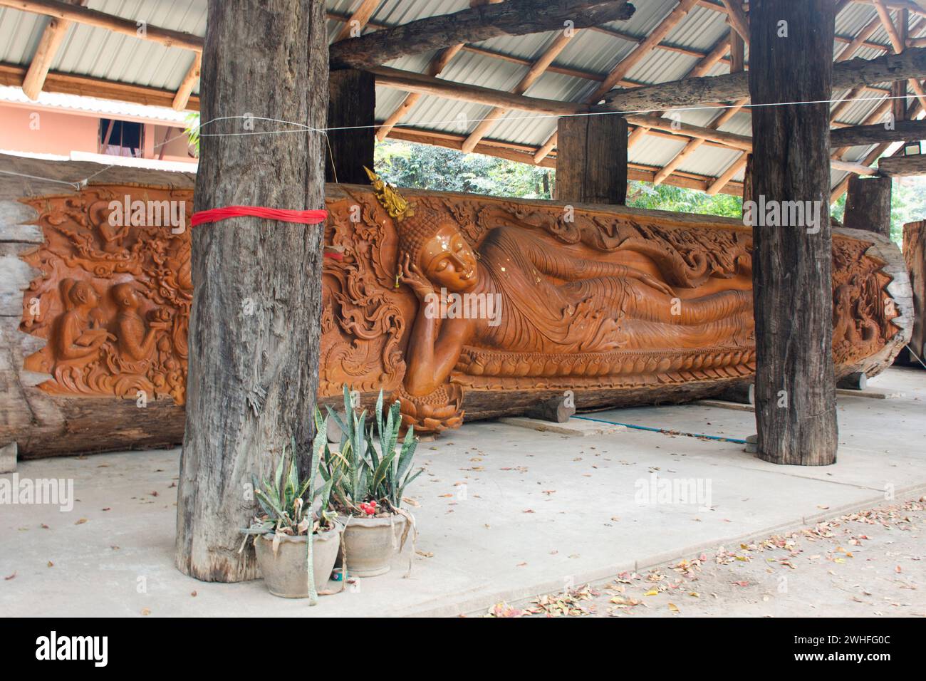 Art sculpture carving wooden ancient buddha reclining statue for thai ...