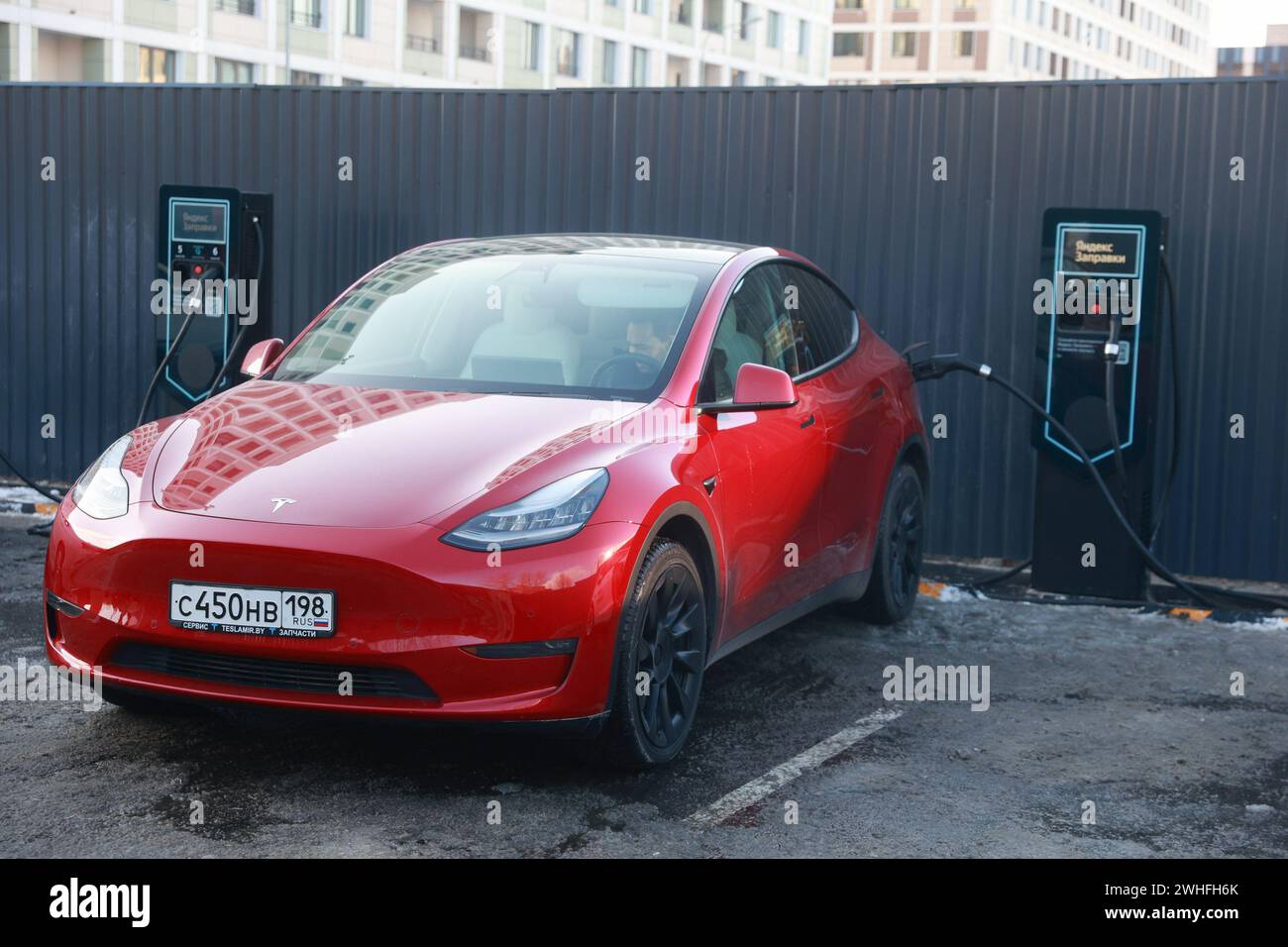 Saint Petersburg, Russia. 08th Feb, 2024. Charging of a Tesla at Yandex ...