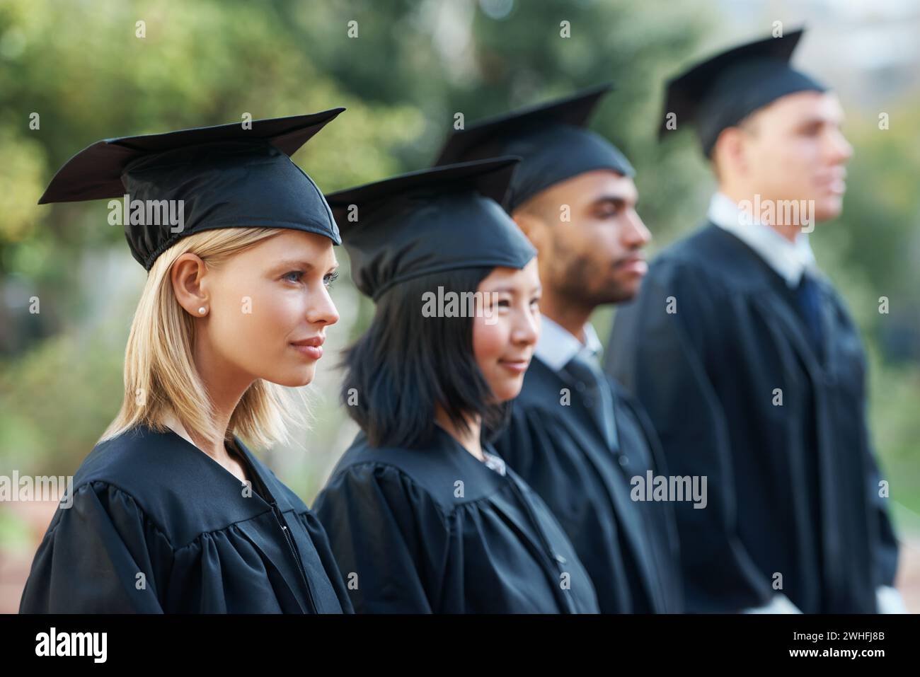 Row, graduation and students in college or university to celebrate ...