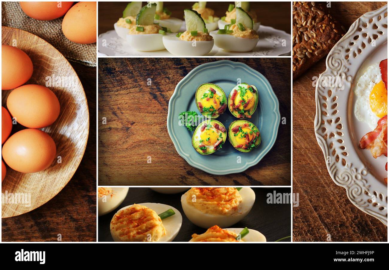 Easter background. Collage of delicious eggs recipes Stock Photo - Alamy