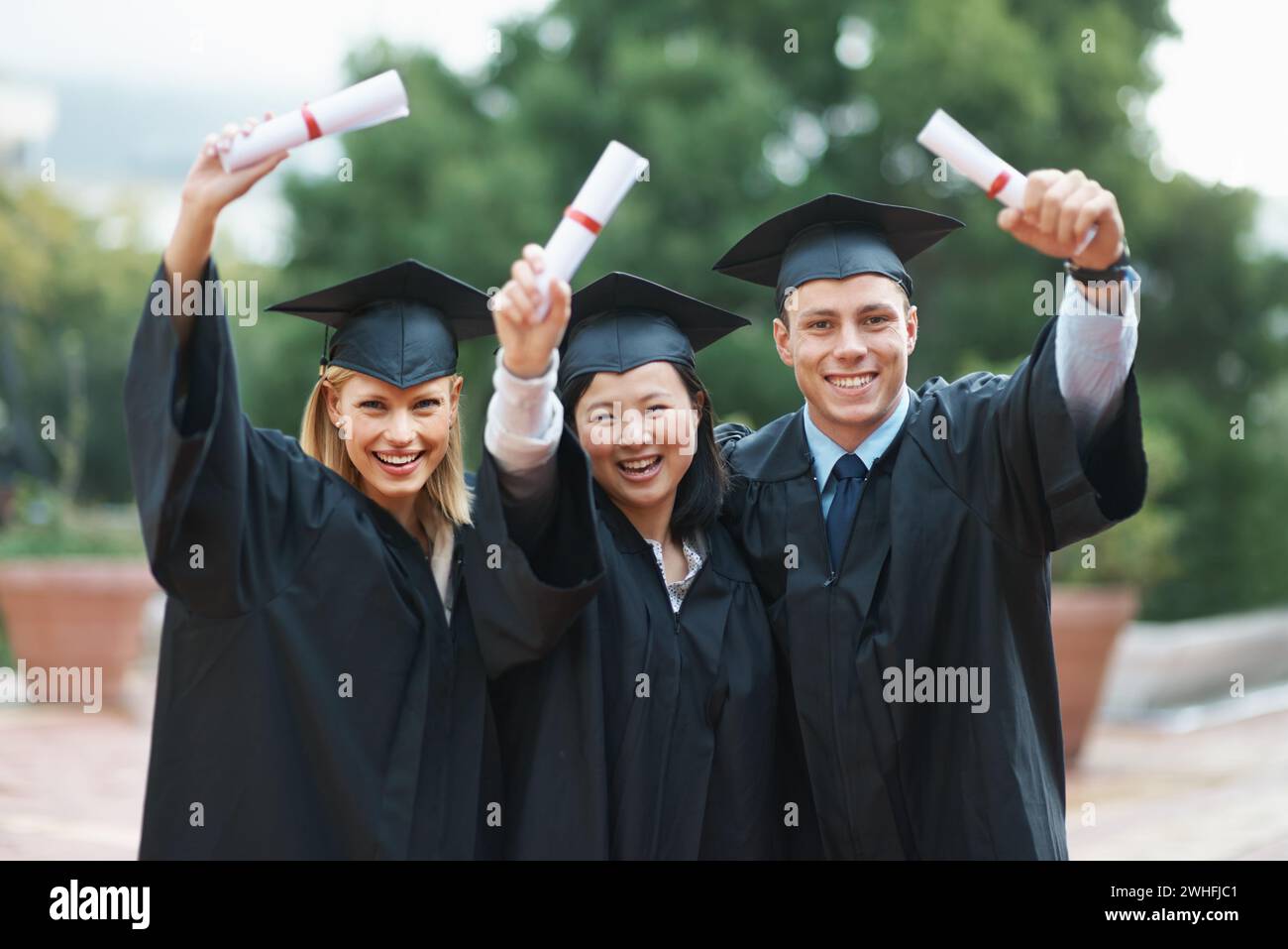 College, celebration and portrait of group at graduation with diploma ...