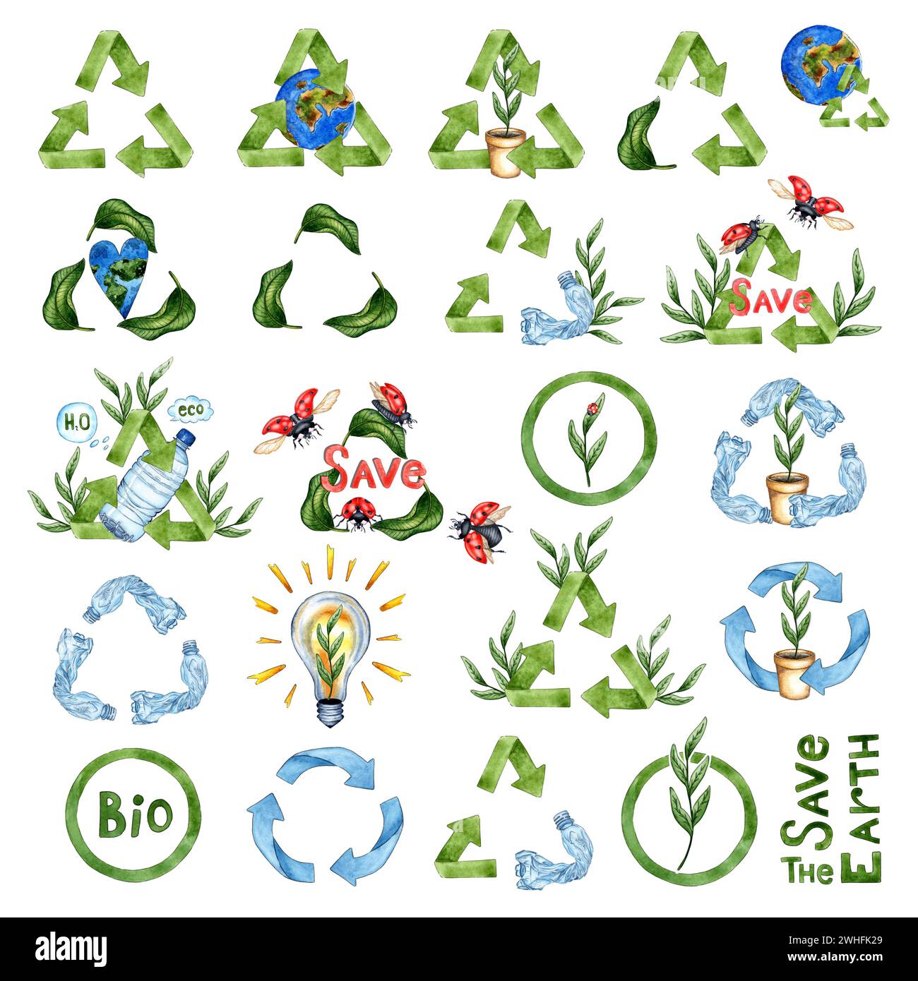 Watercolor illustration big set of different garbage recycling signs ...