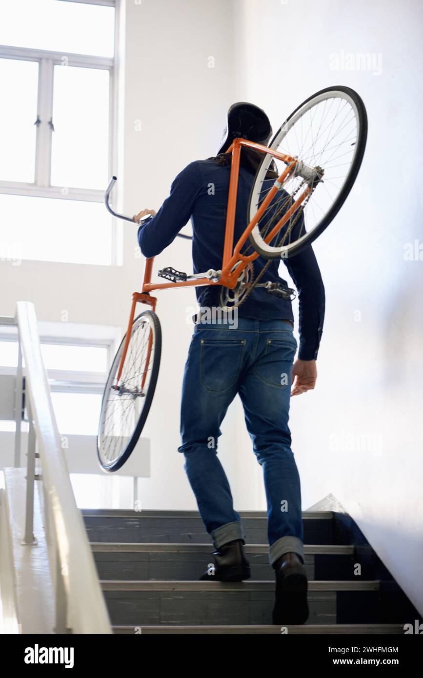 Bicycle, stairs and man with back carrying bike for healthy and eco ...