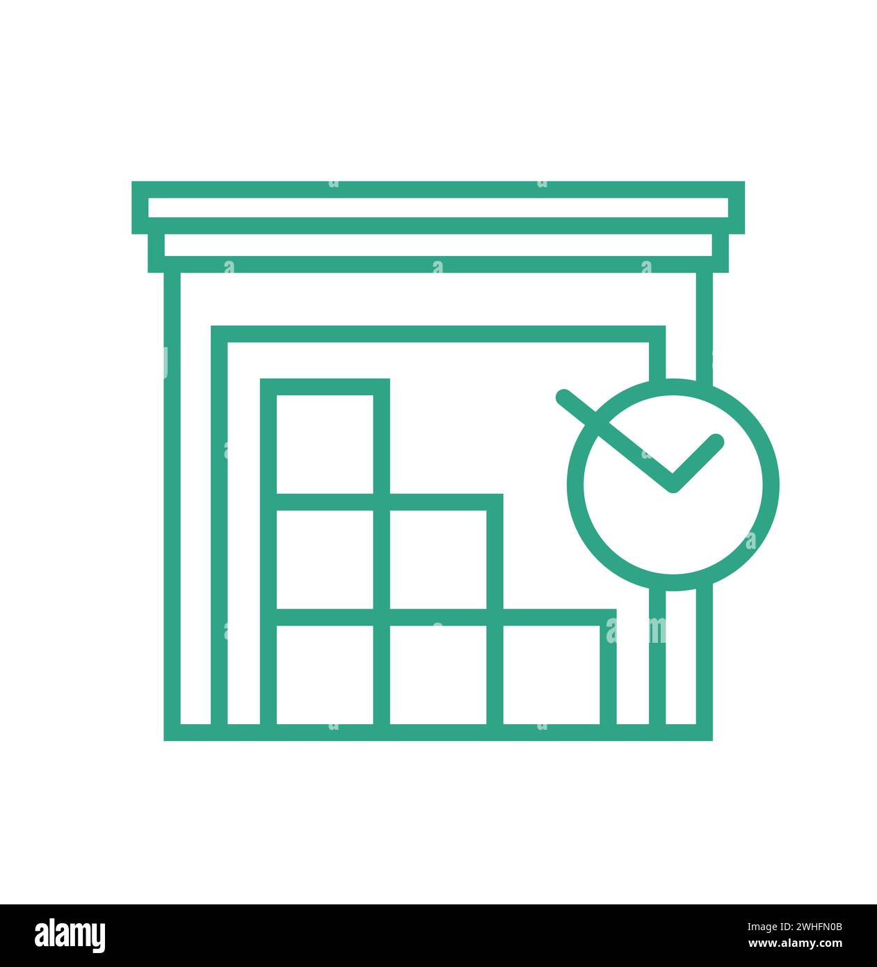Small warehouse with boxes and check mark. Outline icon isolated on ...