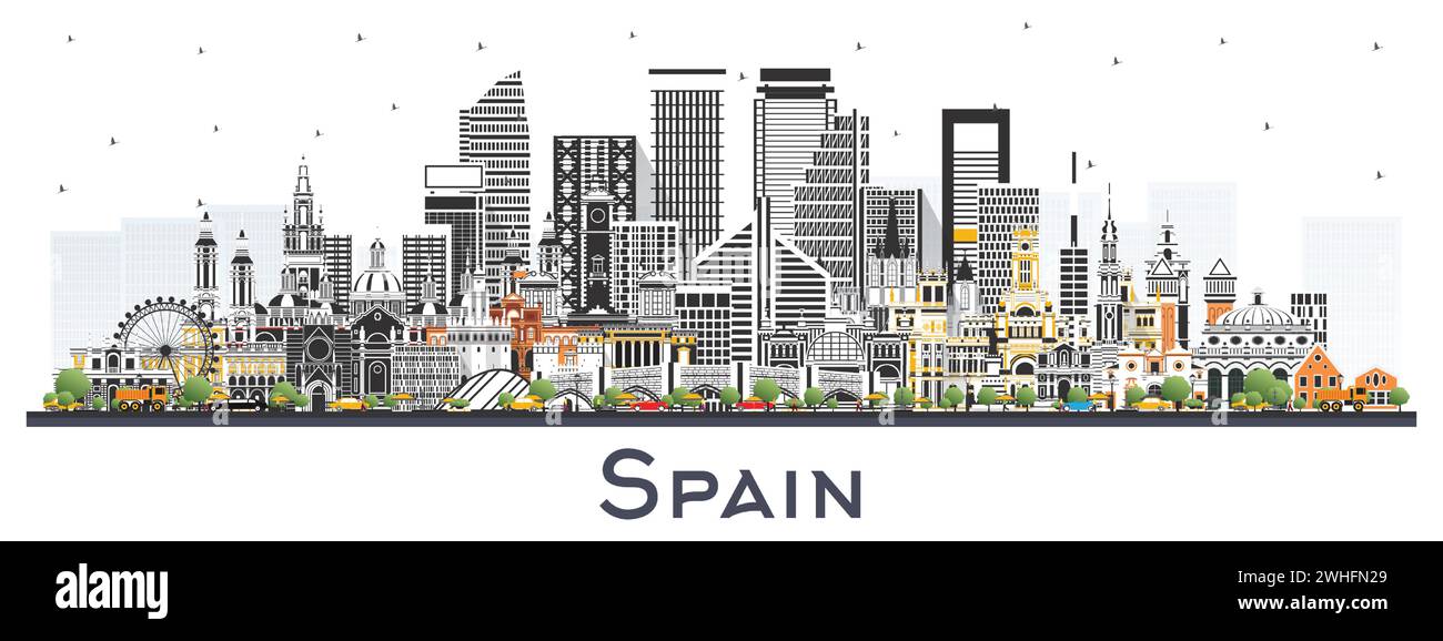 Spain city skyline with color buildings isolated on white. Vector ...