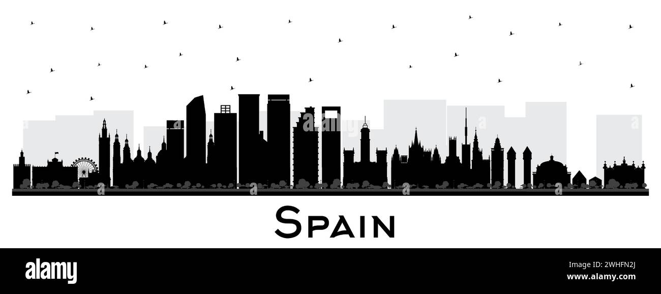 Spain city skyline silhouette with black buildings isolated on white ...
