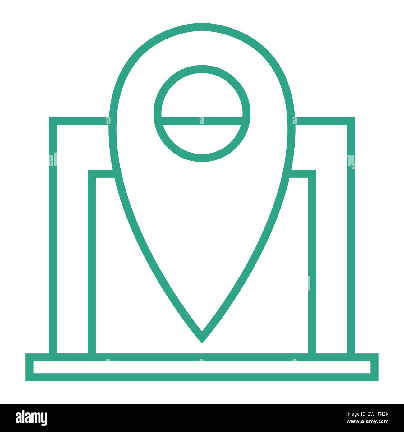 Outline small warehouse icon with map marker isolated on white ...