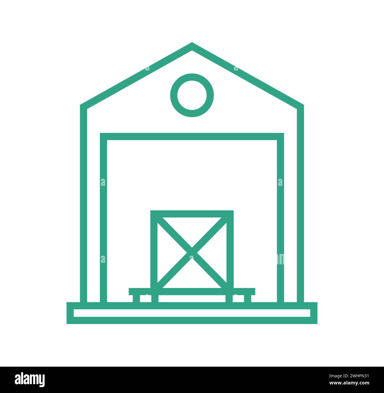 Small warehouse with box on pallet. Outline icon isolated on white ...