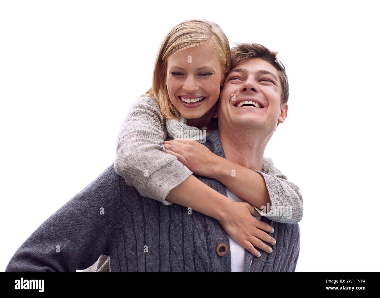 Couple, piggy back and outdoor with hug for smile together on vacation ...