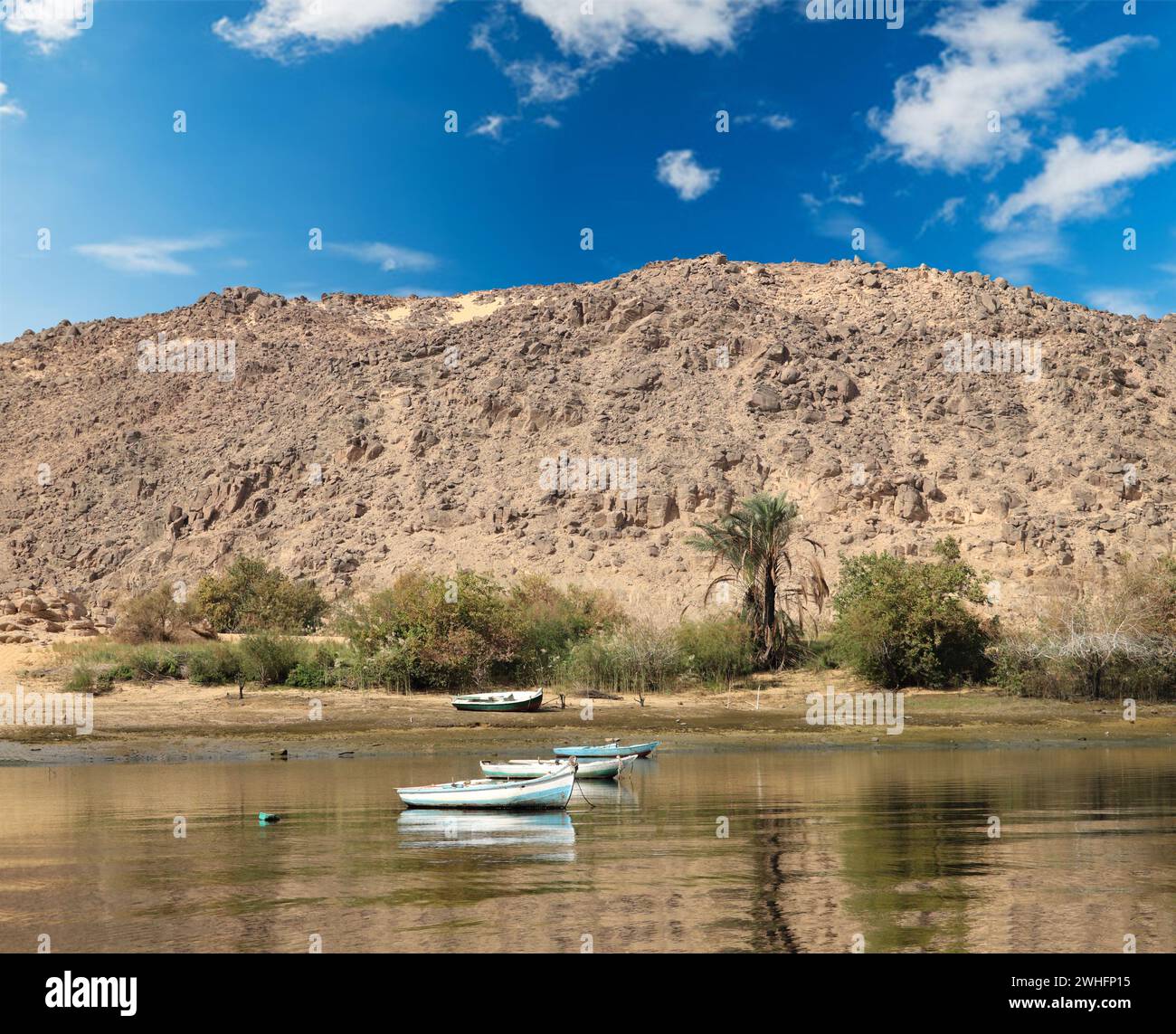 beautiful landscape of mountains and river Nile in Aswan, Egypt Stock ...