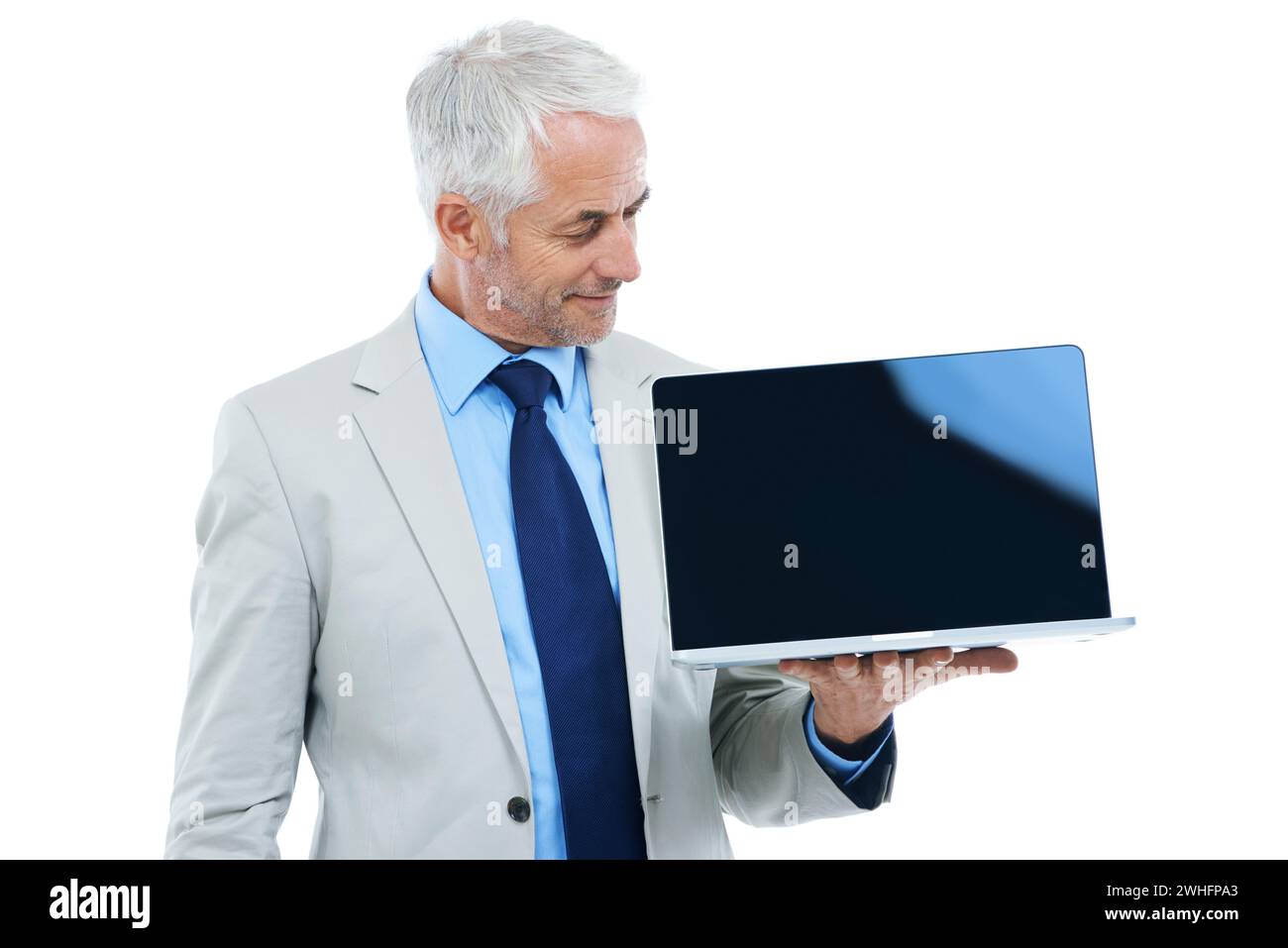 Manager, businessman and laptop screen in studio isolated on a white ...
