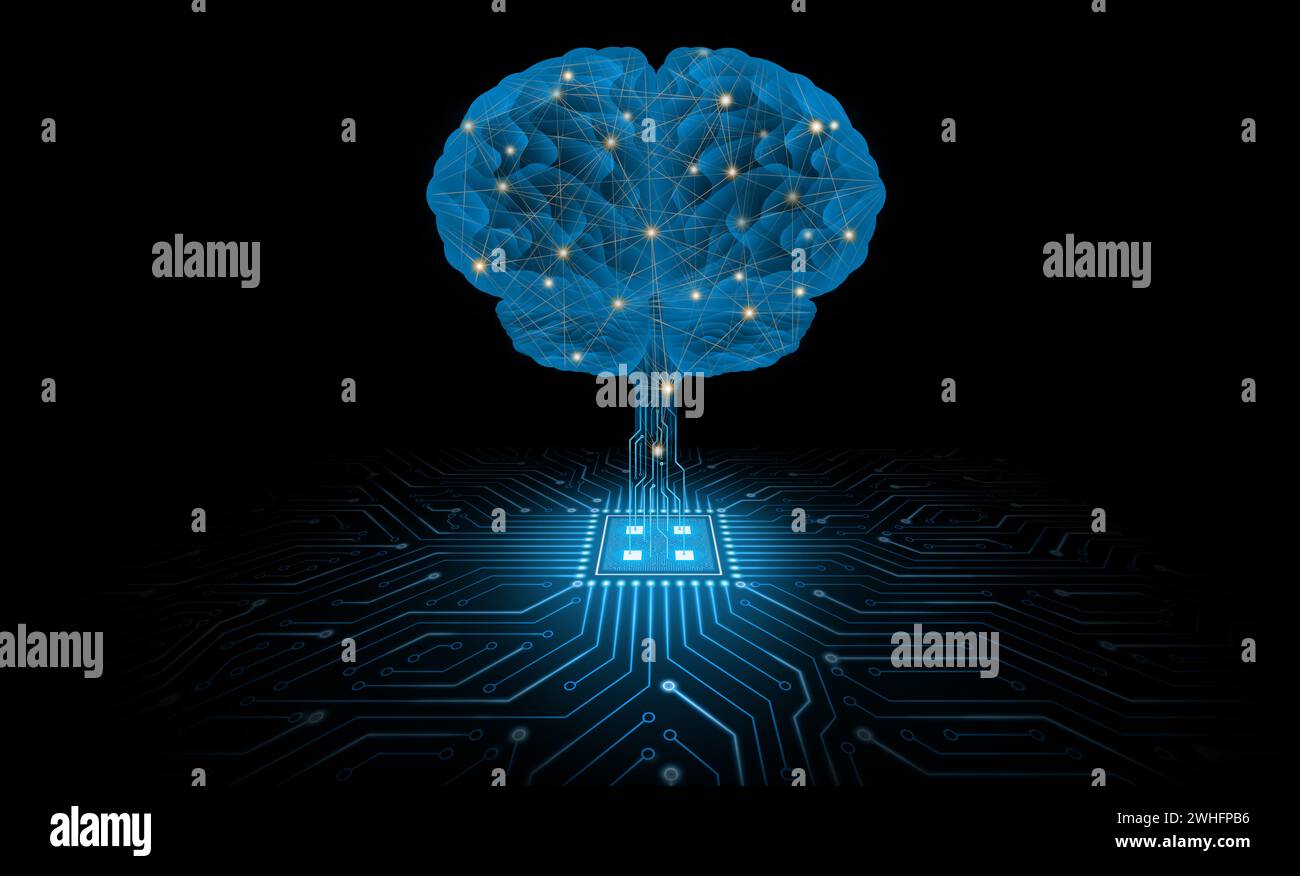 Human brain with light dot yellow line network and spot light from ...