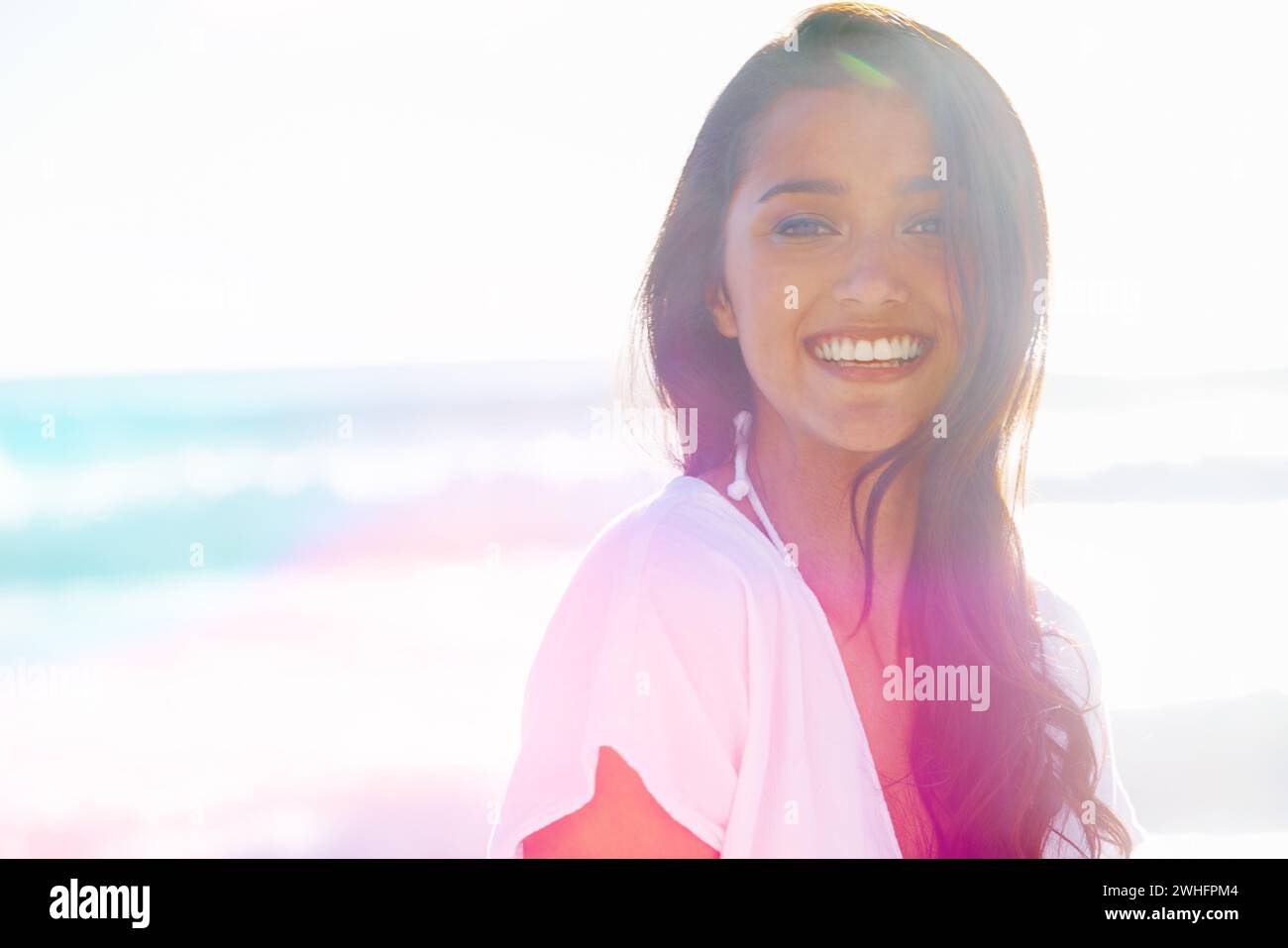Indian Woman Beach And Smile For Ocean Waves And Breeze For Summertime In Bali For Vacation