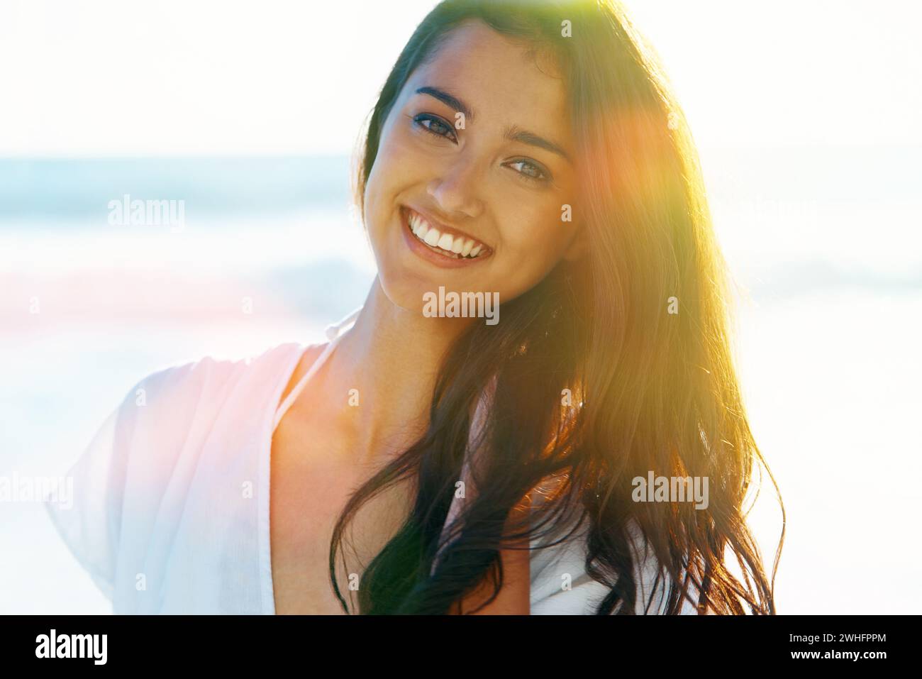 Indian Woman Beach And Smile For Ocean Waves And Breeze For Summertime In Bali For Vacation