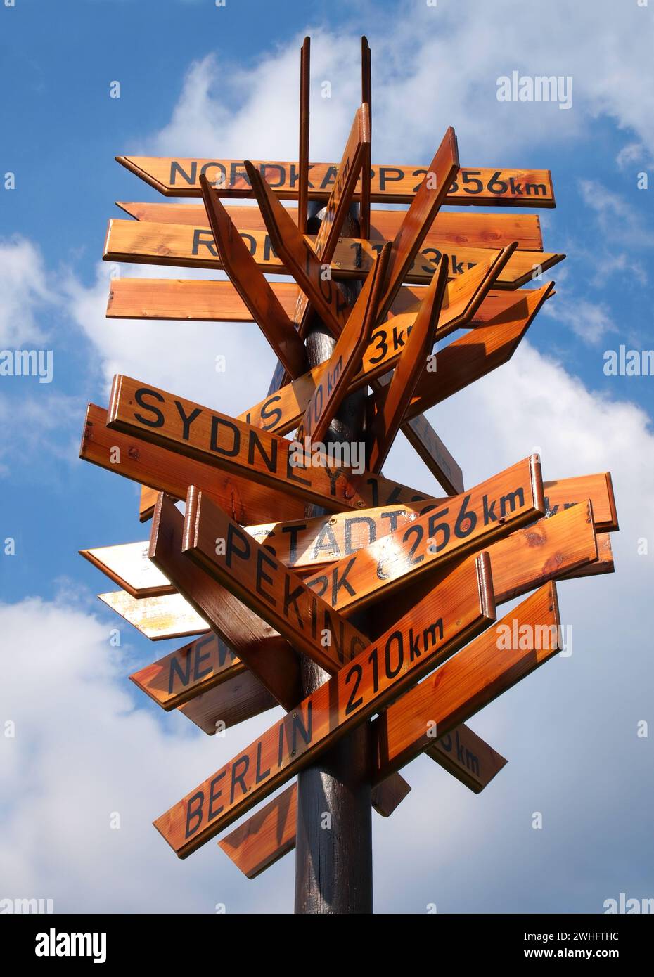 Many wooden signposts point to distant places in different directions ...
