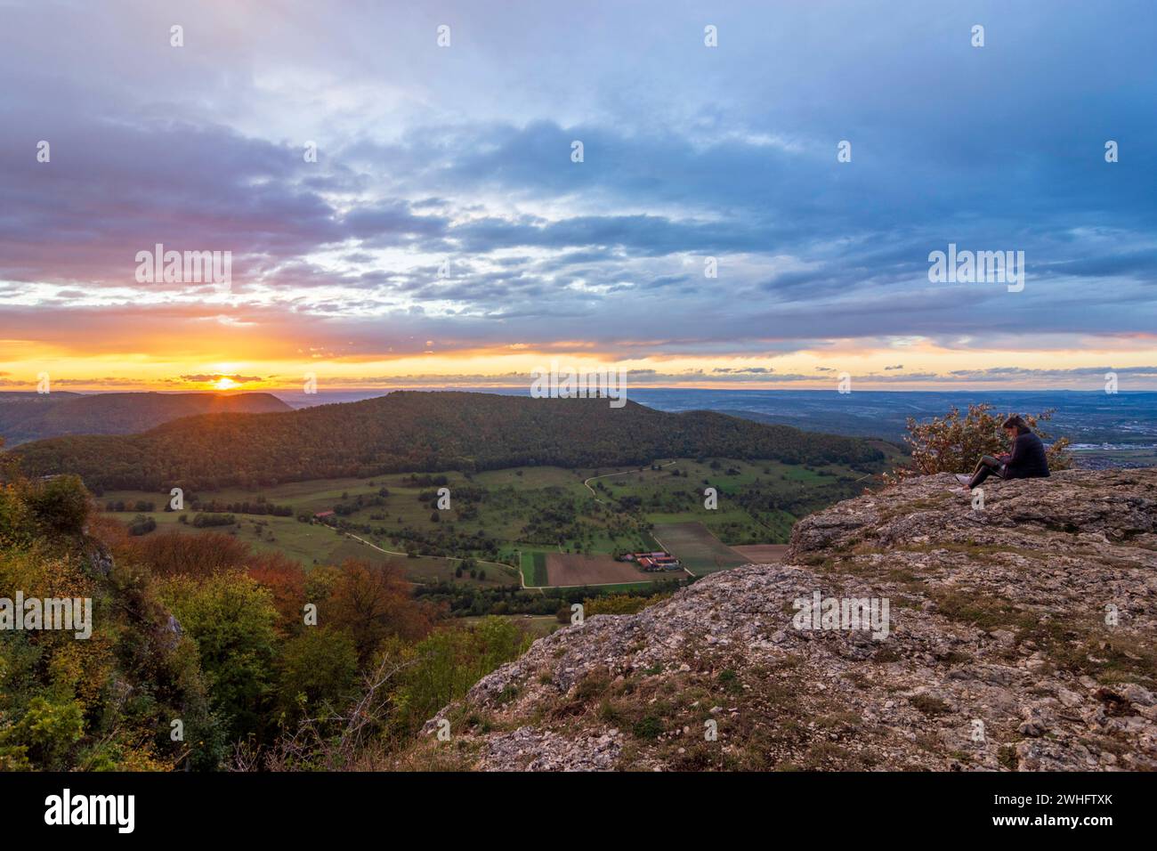 Burg Teck Castle, view from hill Breitenstein, sunset Owen Schwäbische ...