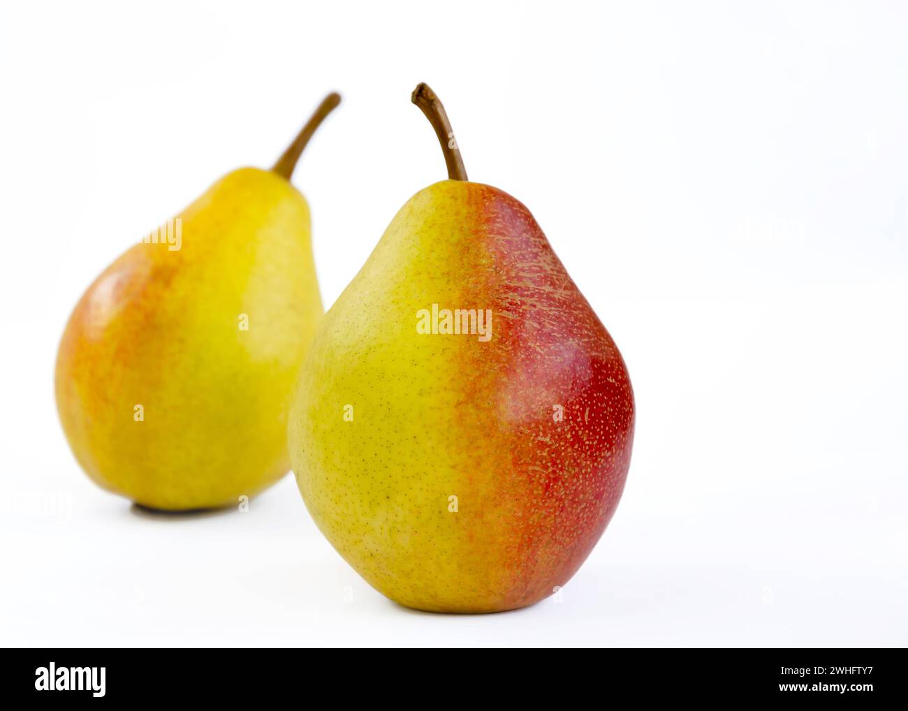 Pear fruit, yellow fruits with red sides on a light background Stock ...