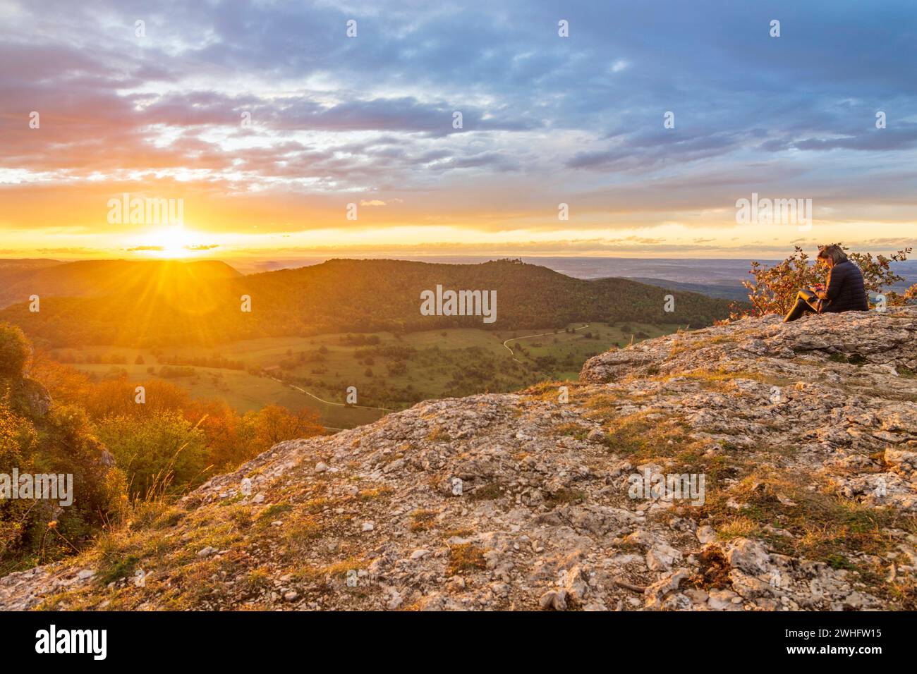 Burg Teck Castle, view from hill Breitenstein, sunset Owen Schwäbische ...