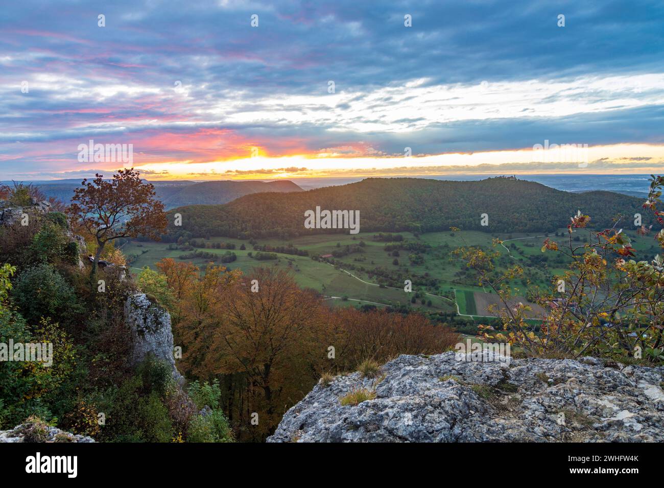 Burg Teck Castle, view from hill Breitenstein, sunset Owen Schwäbische ...
