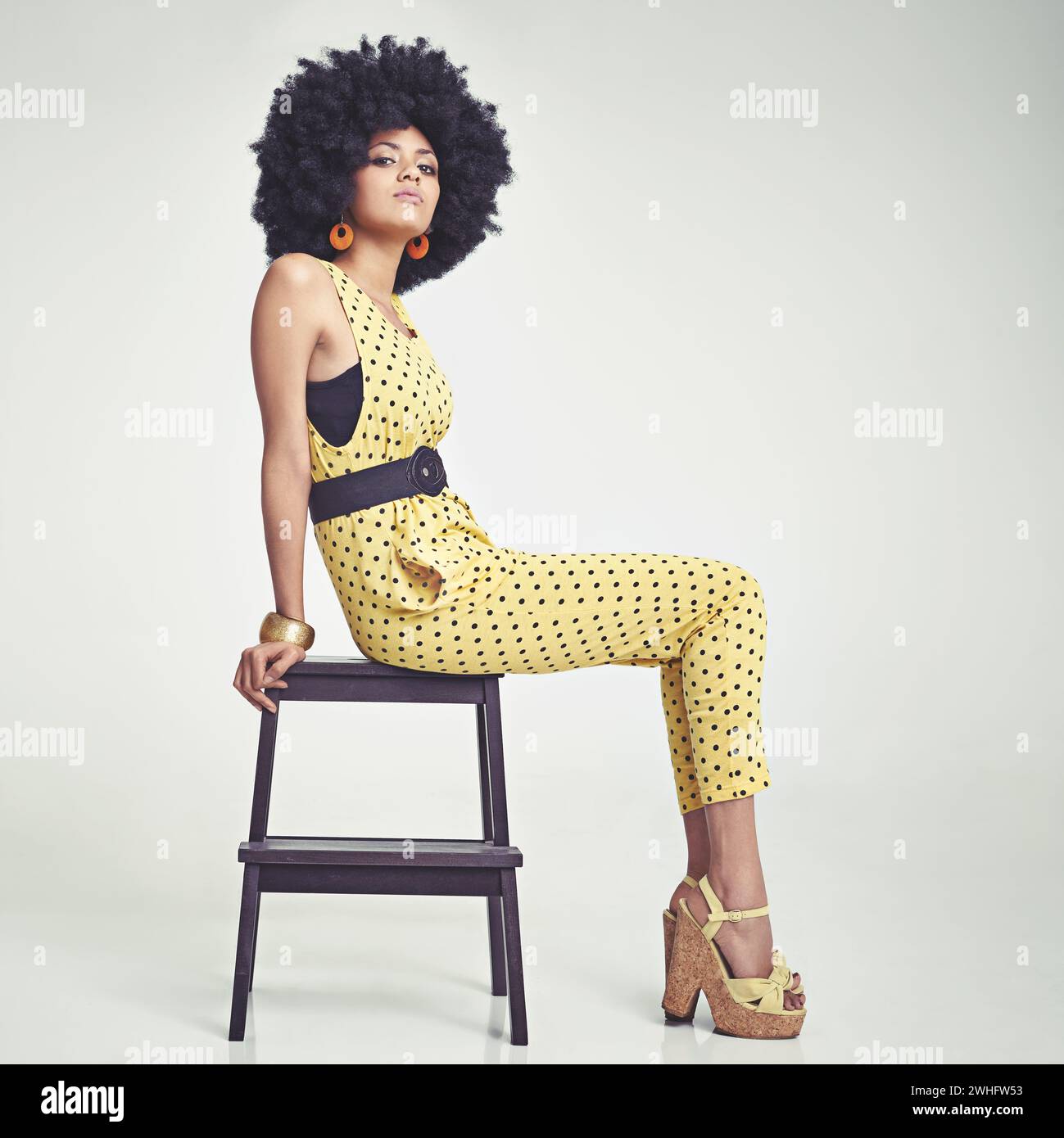Black woman, portrait and retro fashion in vintage yellow jumpsuit and ...