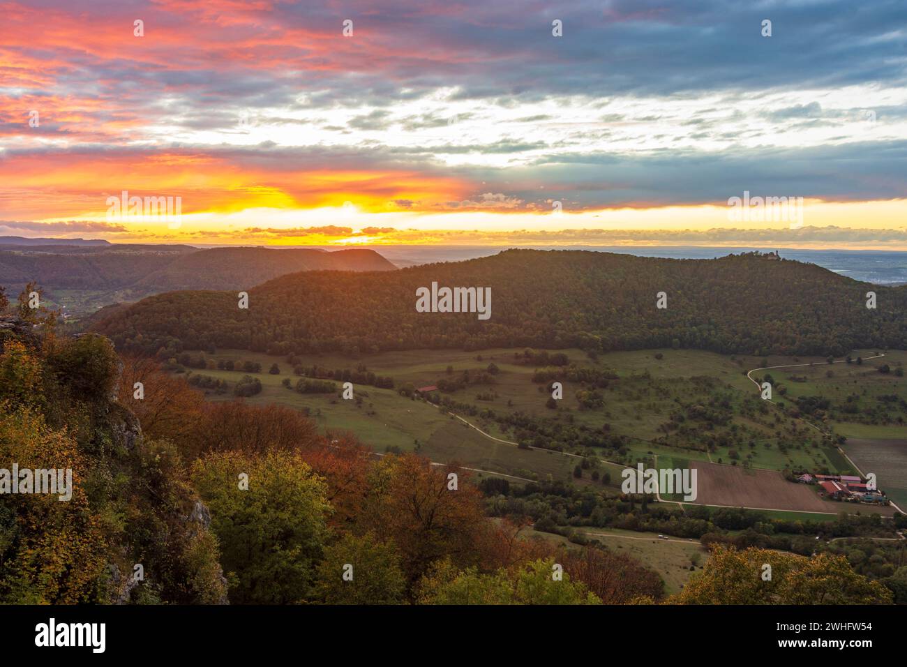 Burg Teck Castle, view from hill Breitenstein, sunset Owen Schwäbische ...