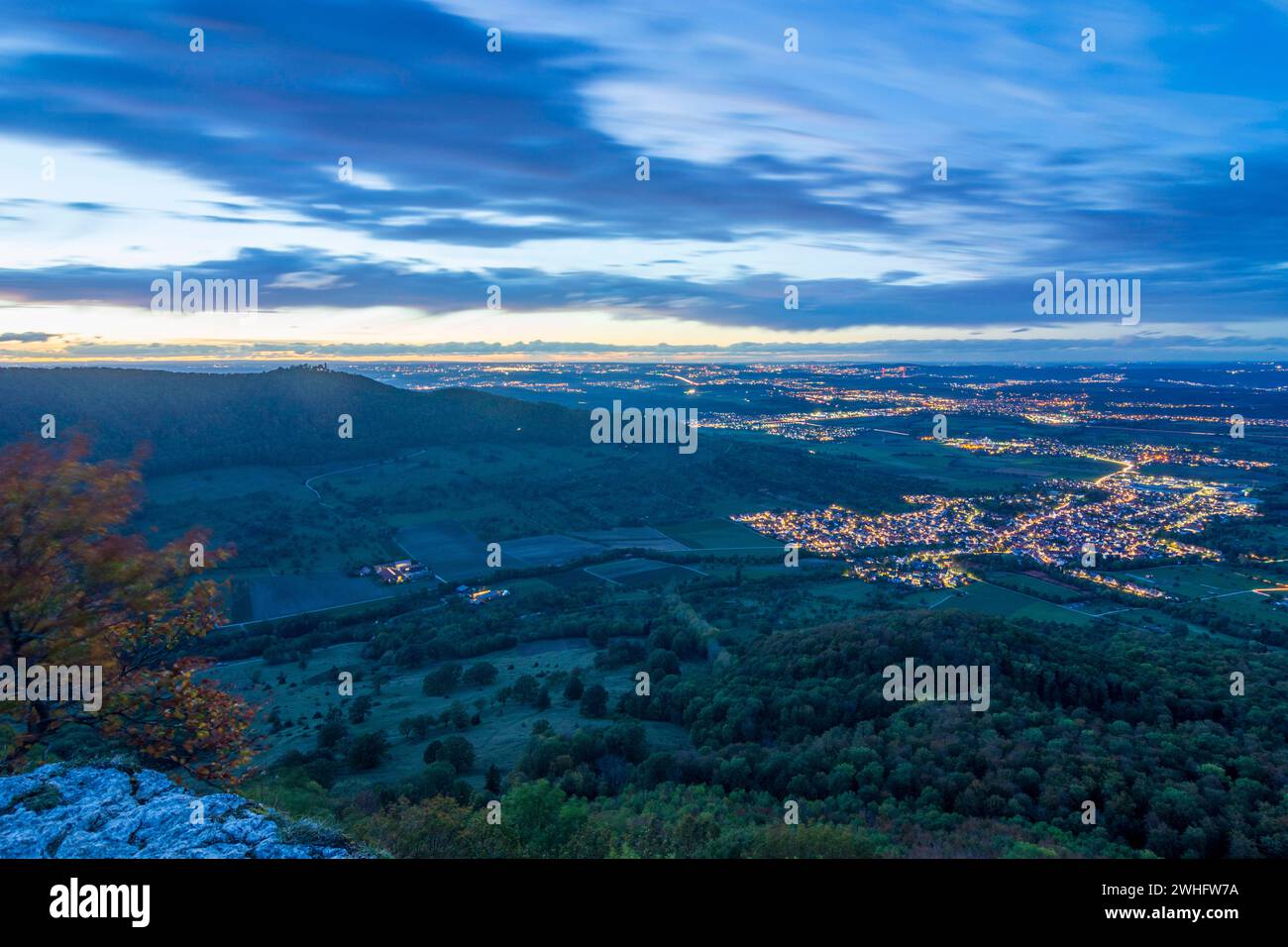 view to Burg Teck Castle and Stuttgart, view from hill Breitenstein ...