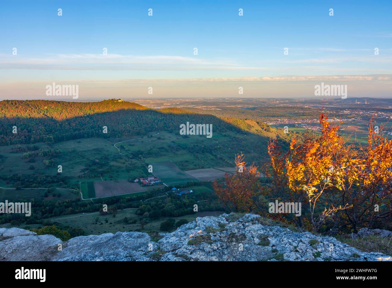Burg Teck Castle, view from hill Breitenstein, sunrise Owen Schwäbische ...