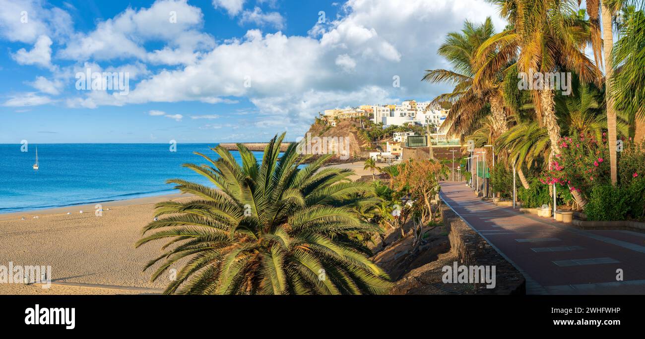 Stroll along Morro Jable palm-lined promenade in Fuerteventura, with ...