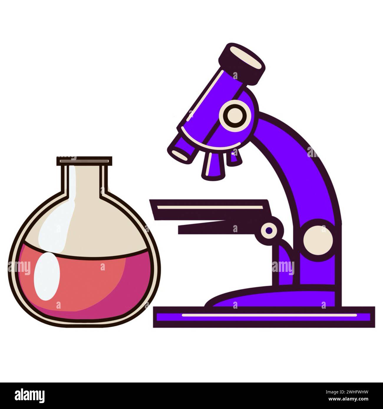 biological microscope with a flask illustration on a white background ...